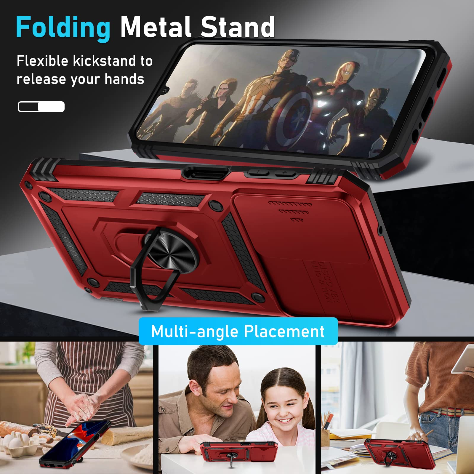 Janmitta Compatible with Samsung Galaxy A14 5G Case Built in Slide Camera Lens Cover and Screen Protector,Heavy Duty Full Body Phone Cover Built in Ring Holder Kickstand,2023 Red