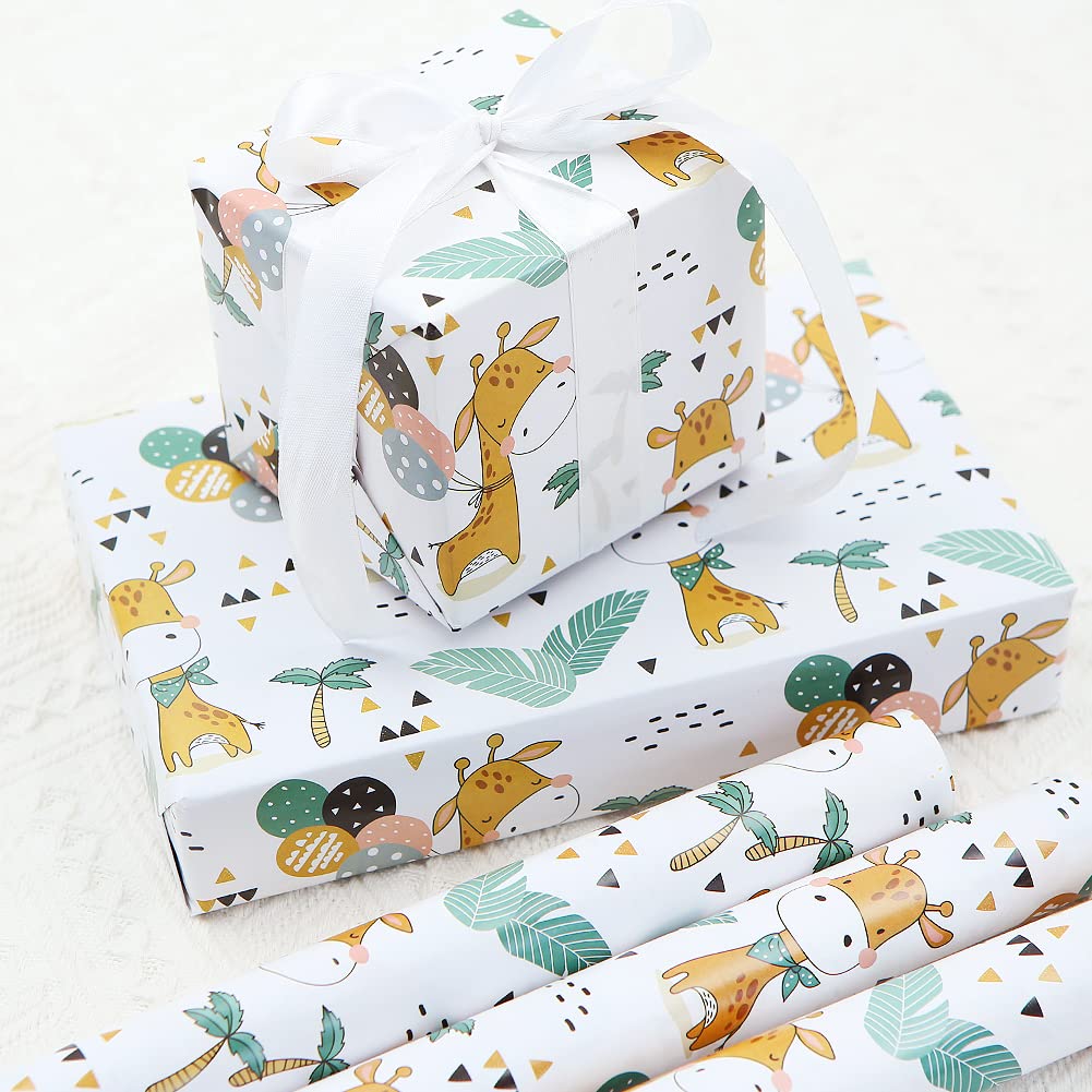 Birthday Wrapping Paper For Kids Girls Boys, Giraffe Design Gift Wrap Paper for Birthday Baby Shower, 6 Sheets Folded Flat 20x28 Inches Per Sheet