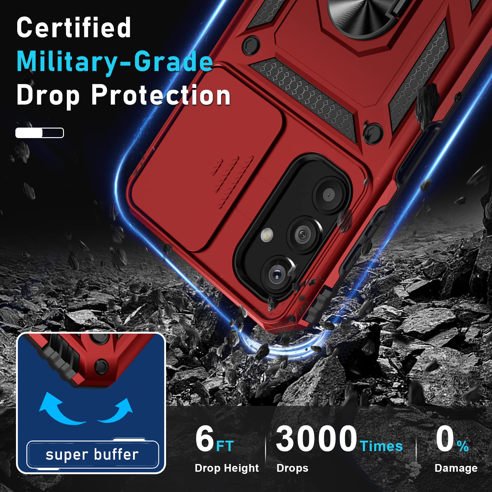 Janmitta Compatible with Samsung Galaxy A14 5G Case Built in Slide Camera Lens Cover and Screen Protector,Heavy Duty Full Body Phone Cover Built in Ring Holder Kickstand,2023 Red
