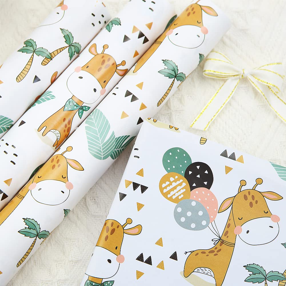 Birthday Wrapping Paper For Kids Girls Boys, Giraffe Design Gift Wrap Paper for Birthday Baby Shower, 6 Sheets Folded Flat 20x28 Inches Per Sheet