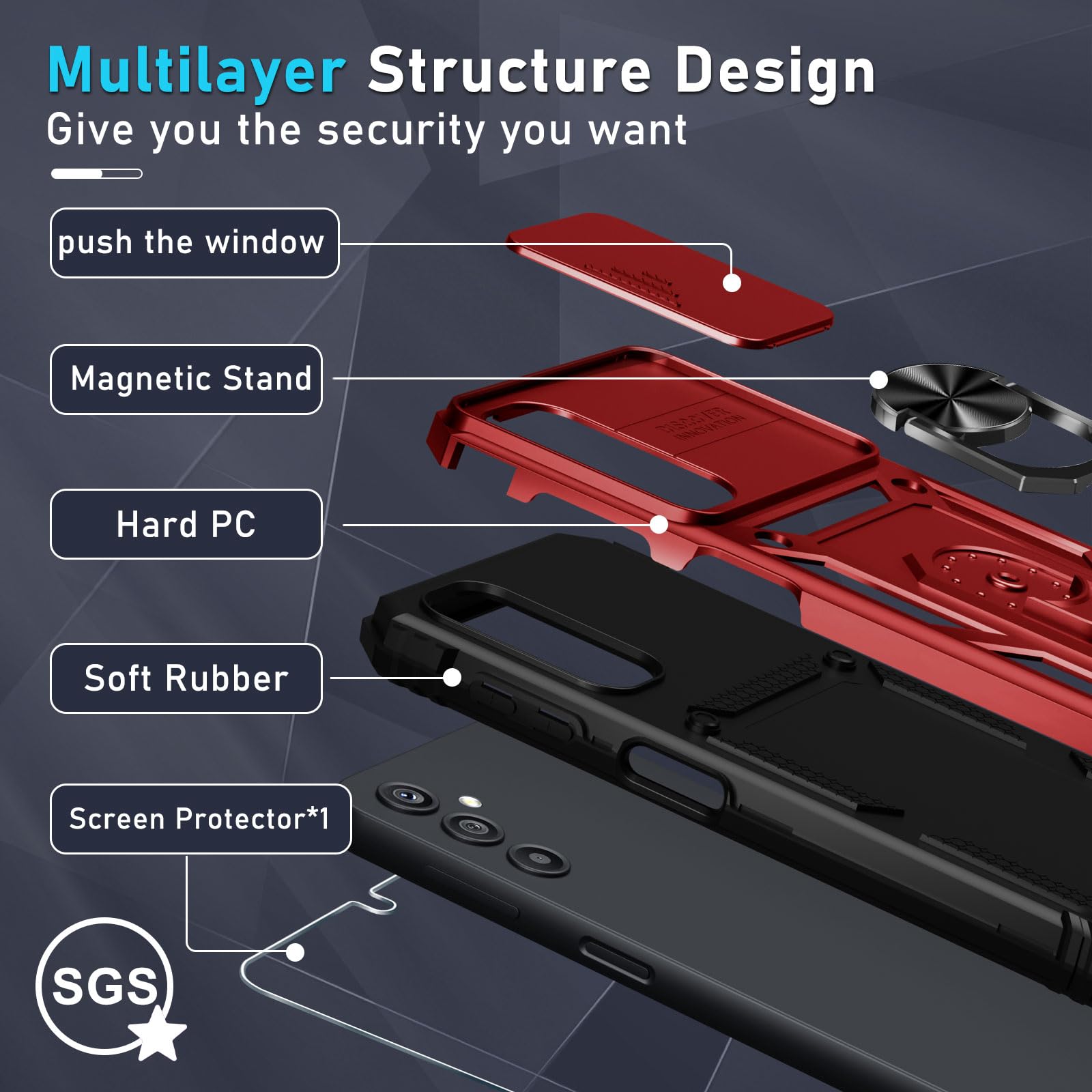 Janmitta Compatible with Samsung Galaxy A14 5G Case Built in Slide Camera Lens Cover and Screen Protector,Heavy Duty Full Body Phone Cover Built in Ring Holder Kickstand,2023 Red