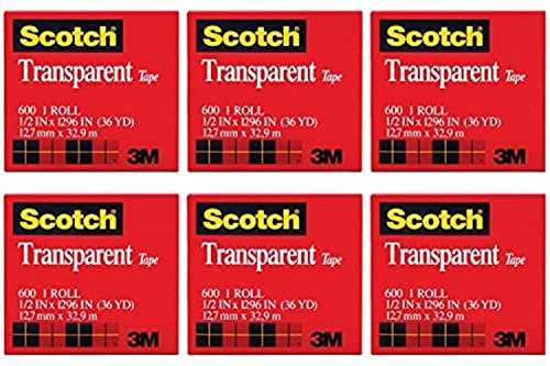 Scotch Premium Transparent Film Tape, Clear, 1/2 Inch x 36 Yards (600), 6 Packs