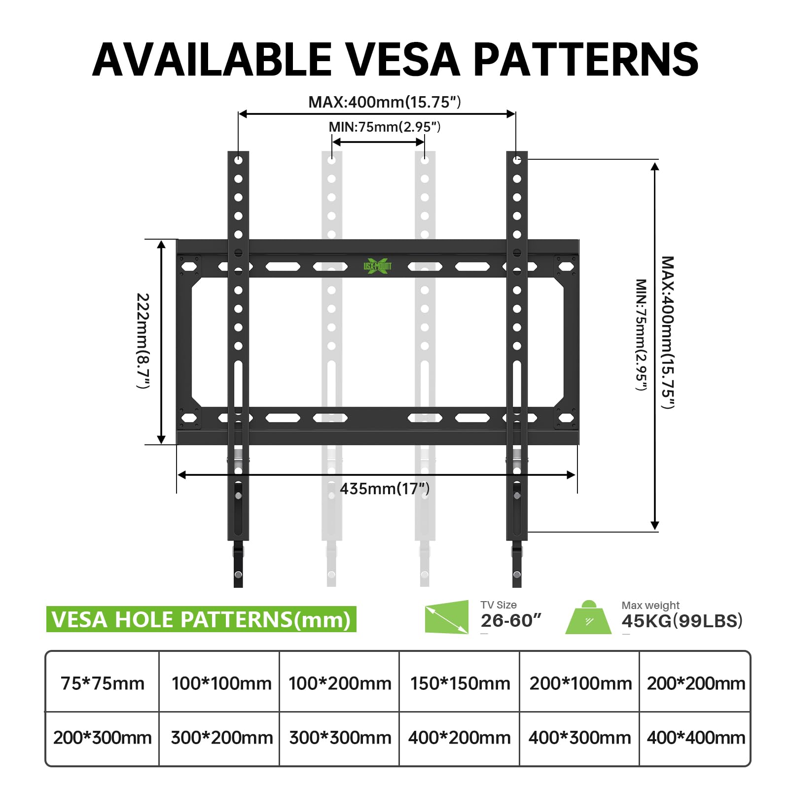 USX MOUNT Fixed TV Wall Mount with Low Profile for Most 26-55 Inch LED, LCD and Flat Screen TVs, TV Mount Bracket with VESA Up to 400x400mm and Weight Capacity 99lbs,and Space Saving TV Bracket