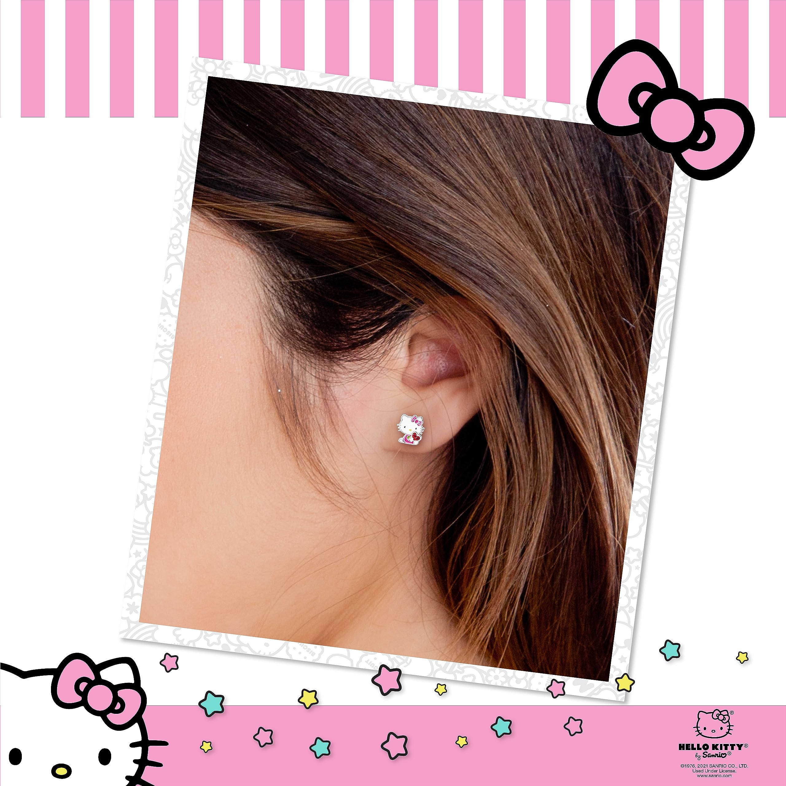 Hello Kitty Stud Earrings for Women Official License, Silver Flash-Plated Hello Kitty Earrings with Ruby Red Crystal Heart