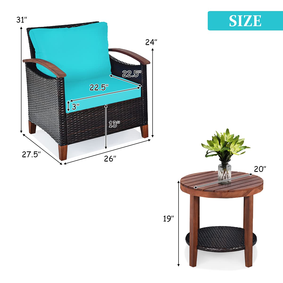 Tangkula 3 Pieces Patio Furniture Set, Outdoor Rattan Sofa and Side Table w/Solid Acacia Wood Frame, High Load Bearing Conversation Bistro Set w/Washable and Removable Cushions (Turquoise)