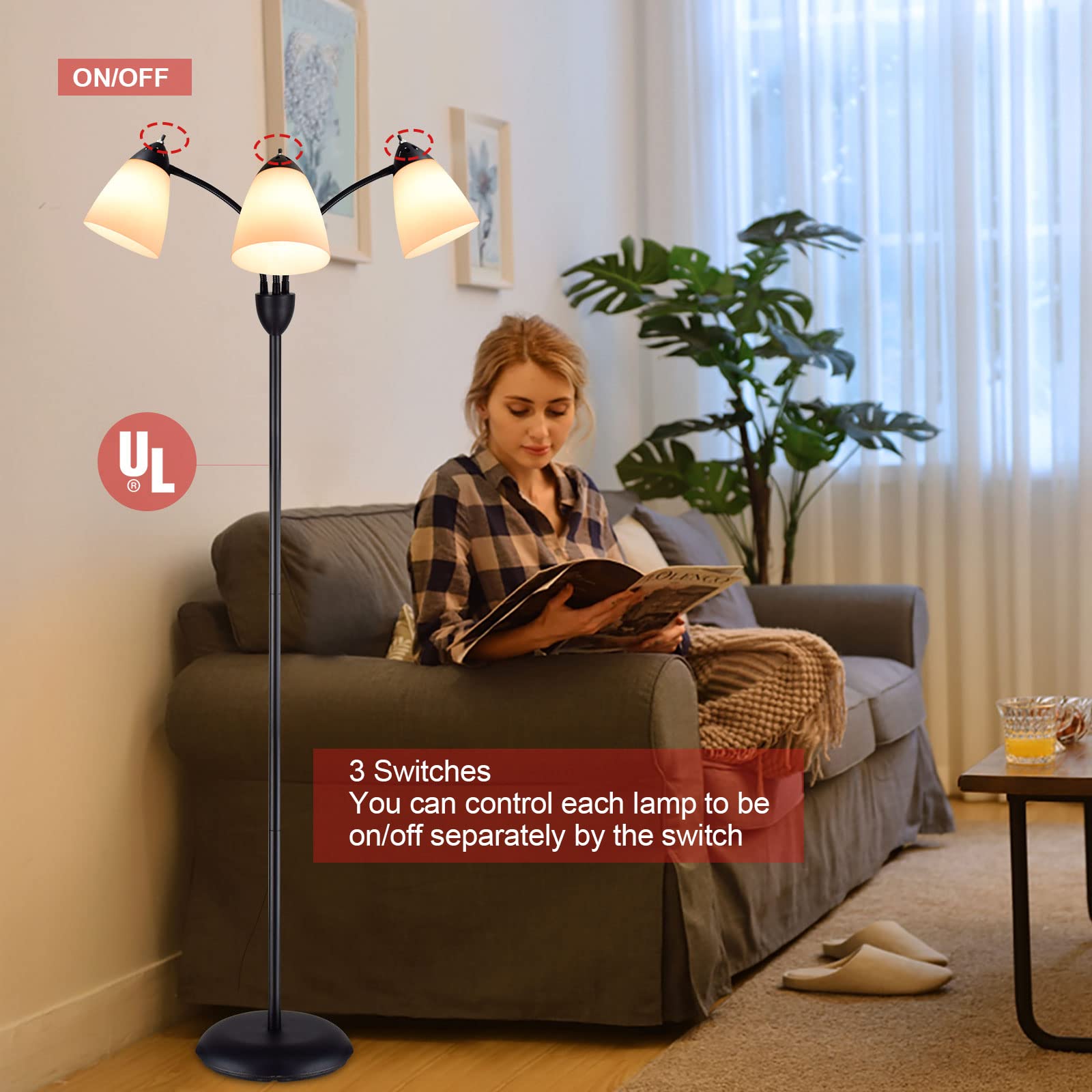 DINGLILIGHTING DLLT Modern Reading Floor Lamp, 3-Light with Adjustable Flexible Gooseneck Tree Standing Lamp for Living Room, Bedroom, Study Room, Office -Black Metal White Shades, E26 Base, UL