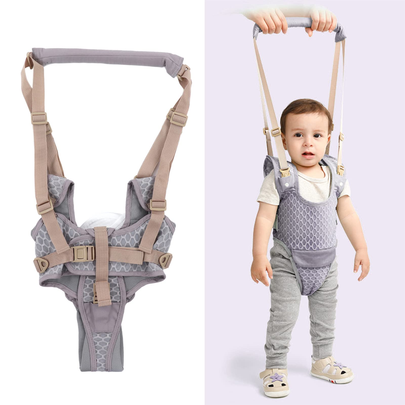Baby Walking Harnesses, Handheld Kids Walk Helper Lightweight Adjustable Detachable Crotch Pad Handheld Toddler Walk Assistant Belt for 8β24M Webbing, Mesh Material(Monsoon Grey-Profile Mesh)