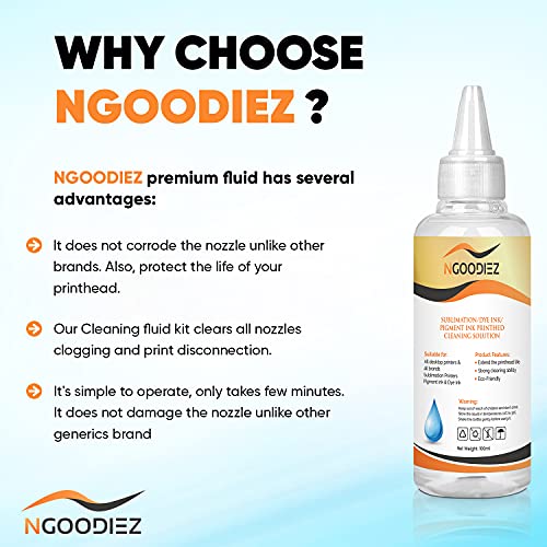 NGOODIEZ Printhead Cleaning Kit for Inkjet Printers Epson, HP, Brother, or Canon - Universal Print Head Cleaner Kit for Printer Nozzle - Works on Sublimation Ink, Pigment Ink, and Dye Ink (100mL)