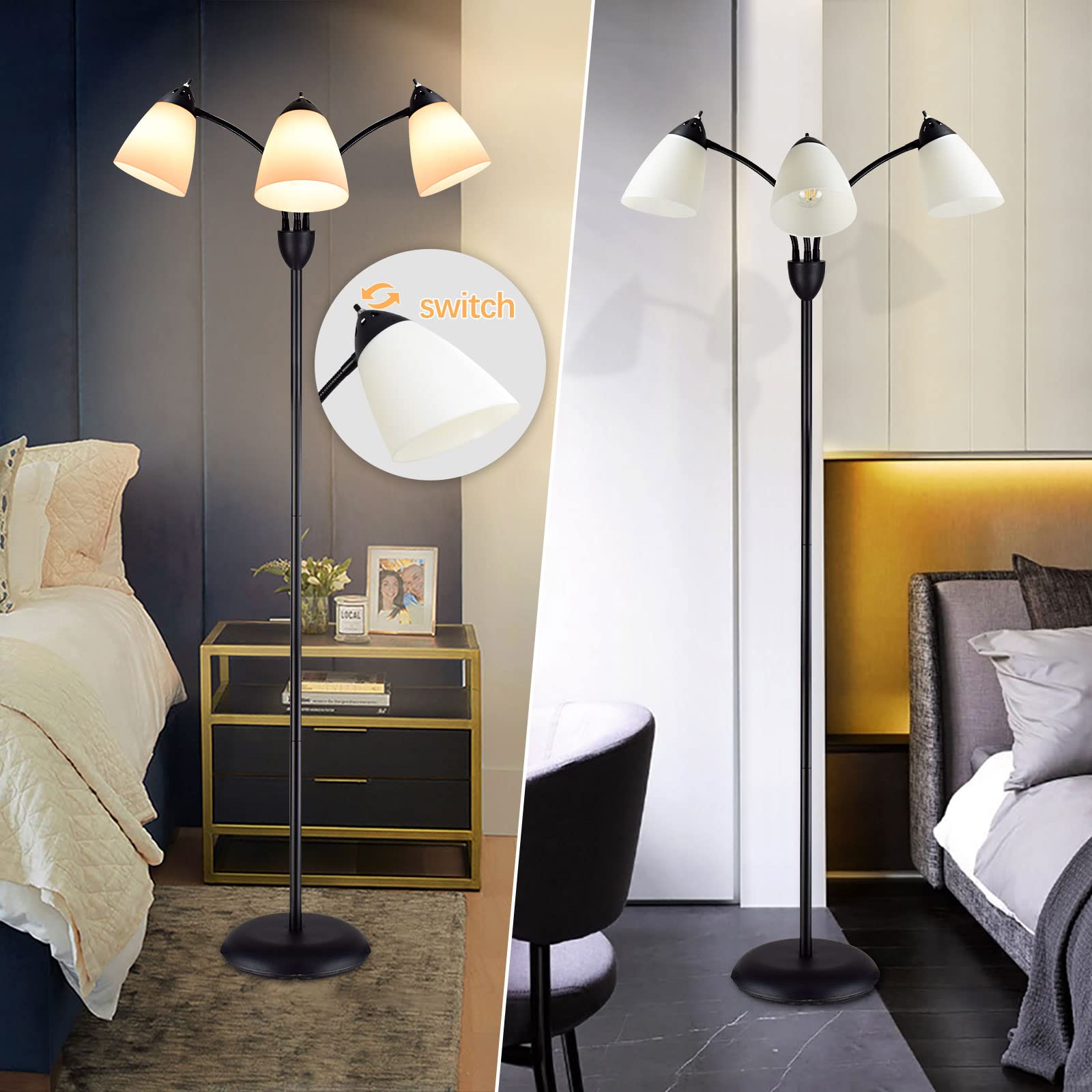 DINGLILIGHTING DLLT Modern Reading Floor Lamp, 3-Light with Adjustable Flexible Gooseneck Tree Standing Lamp for Living Room, Bedroom, Study Room, Office -Black Metal White Shades, E26 Base, UL