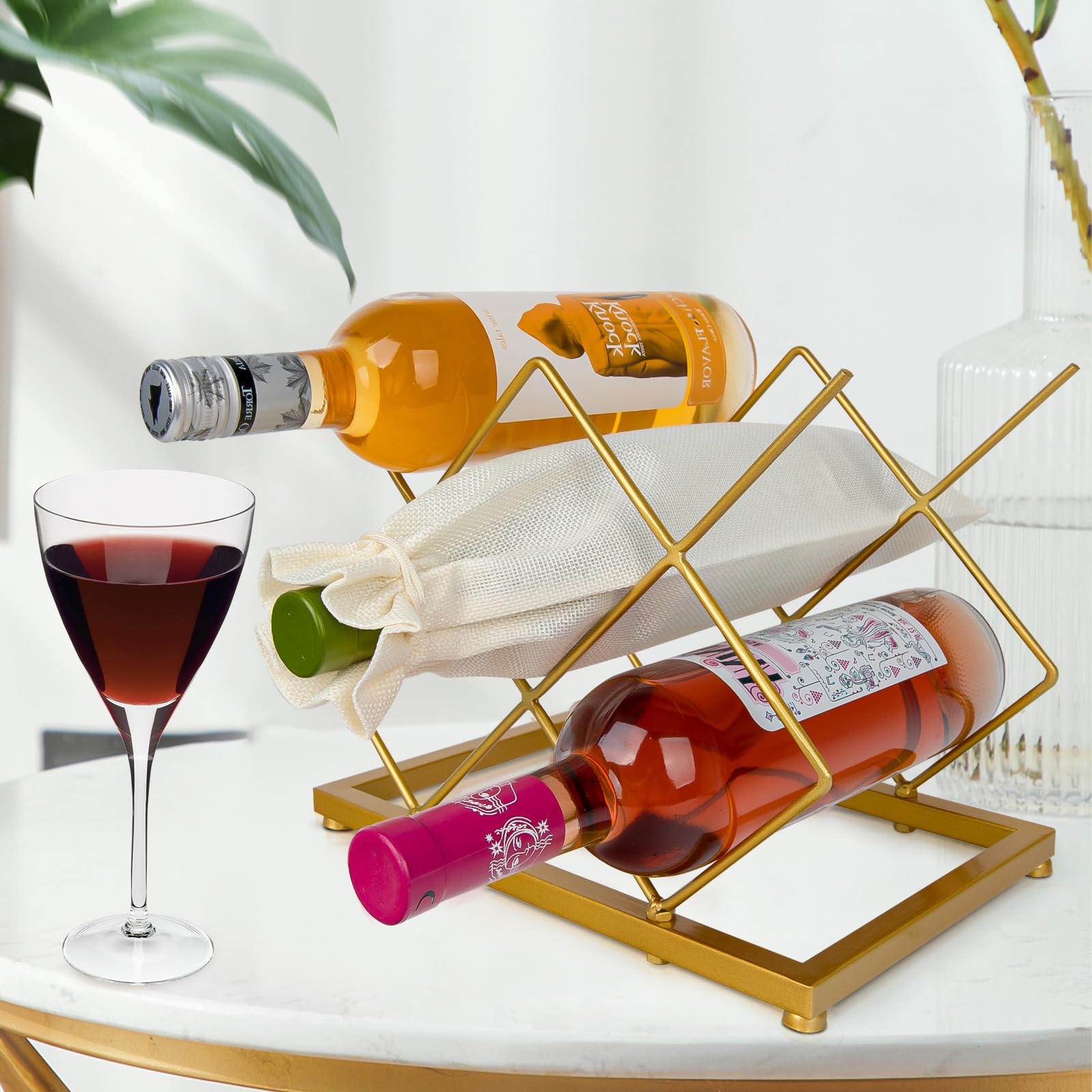 nice-won Wine Rack Countertop - 5 Bottle Freestanding Modern Gold Metal Small Wine Rack Tabletop Wine Bottle Holder Stand for Cabinet Pantry Dining Table Wine Bottle Storage with Reusable Wine Bags