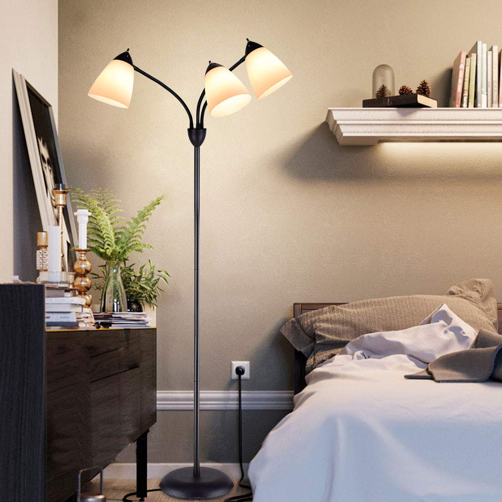 DINGLILIGHTING DLLT Modern Reading Floor Lamp, 3-Light with Adjustable Flexible Gooseneck Tree Standing Lamp for Living Room, Bedroom, Study Room, Office -Black Metal White Shades, E26 Base, UL