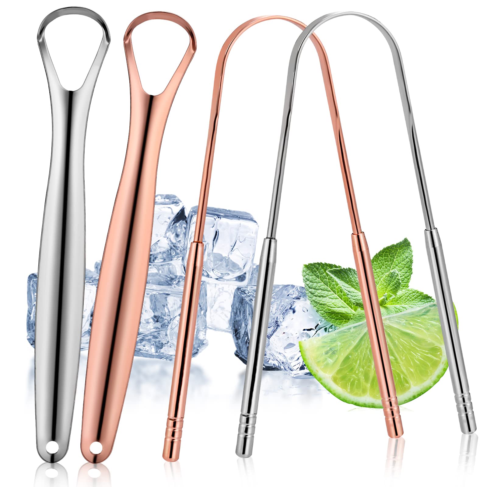 HLFLYG 4 Pack Tongue Scraper, Hygienic Seal-Pack, Professional Eliminate Bad Breath, Stainless Steel Tongue Scrapers, Effectively Improve Oral and Gut Health - Rose Gold & Silver