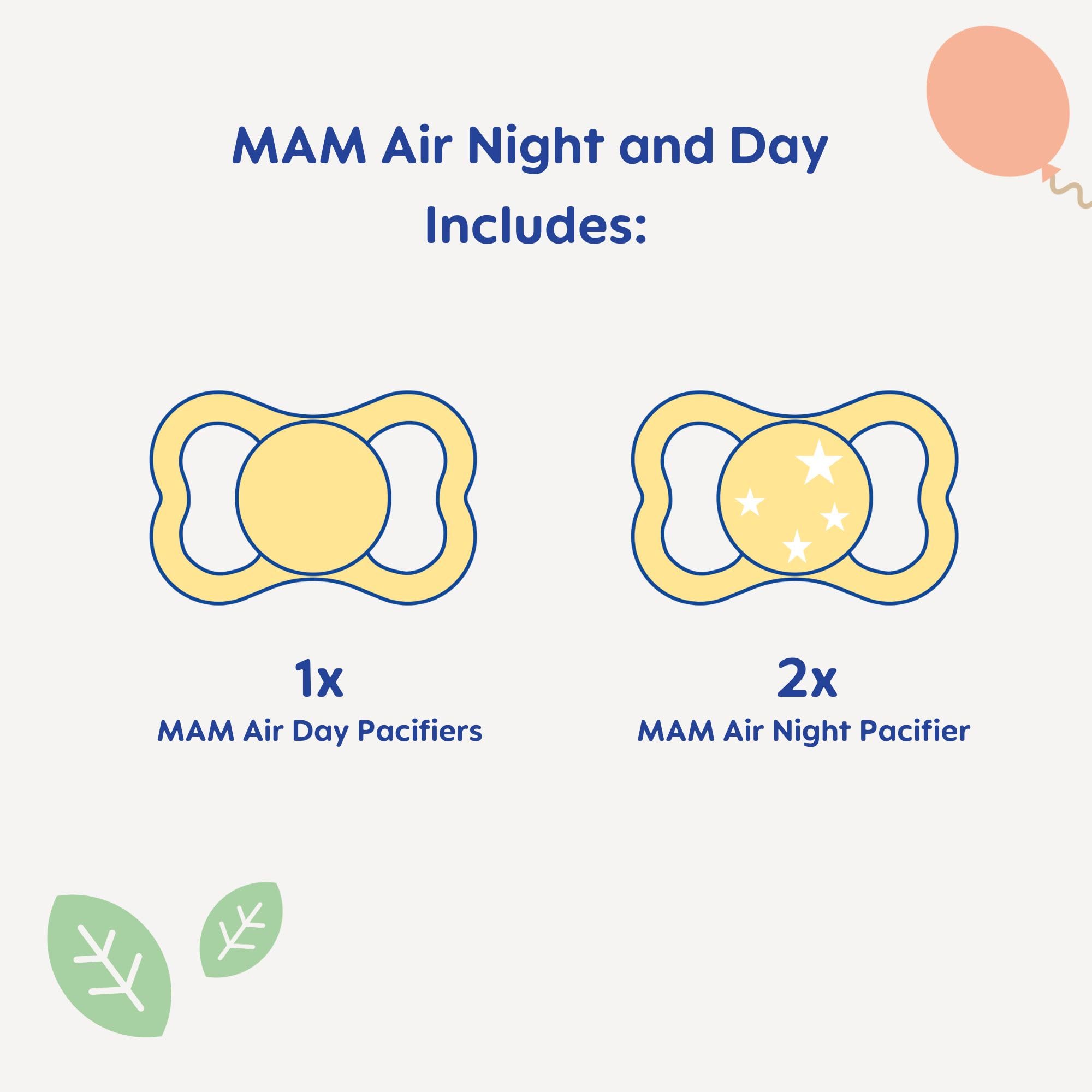 MAM Air Day & Night Baby Pacifier, for Sensitive Skin, Glows in The Dark, 3 Pack, 16+ Months, Boy,3 Count (Pack of 1)