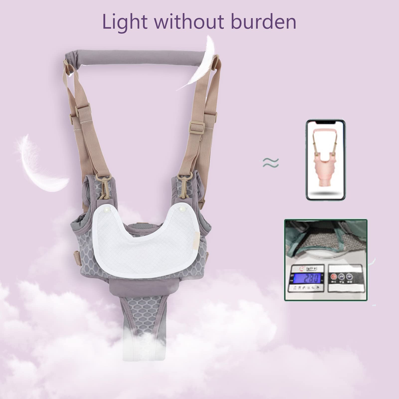 Baby Walking Harnesses, Handheld Kids Walk Helper Lightweight Adjustable Detachable Crotch Pad Handheld Toddler Walk Assistant Belt for 8β24M Webbing, Mesh Material(Monsoon Grey-Profile Mesh)