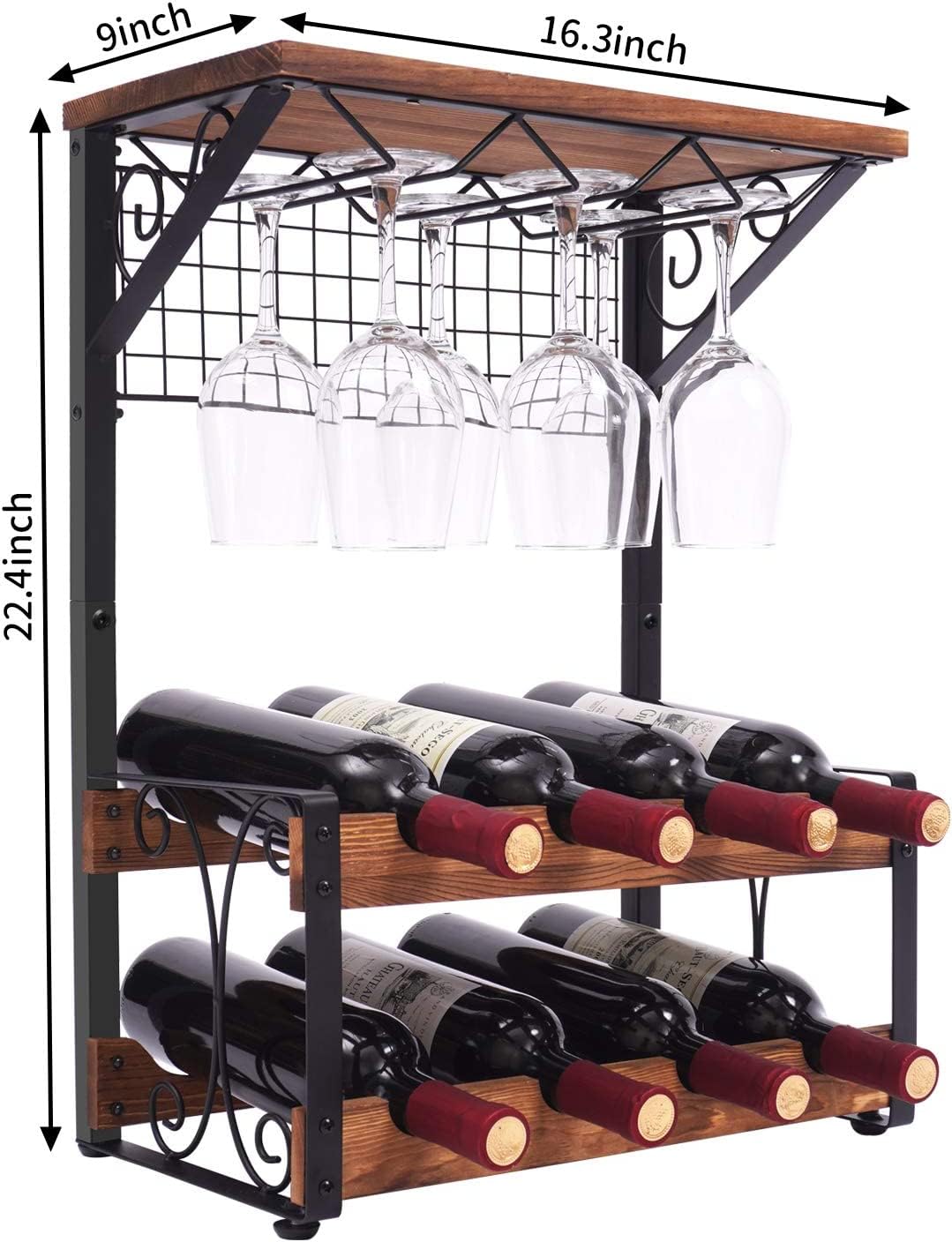 X-cosrack 2 Tier Solid Wood Wine Rack, Hold 8 Wine Bottles and 6 Glasses Countertop Wine Storage Stand, Freestanding Wine Holder Display Shelves for Kitchen, Pantry, Cellar, Bar