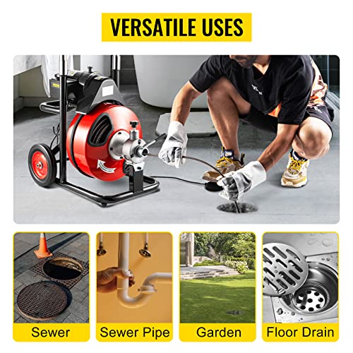 VEVOR Drain Cleaner Machine 100 Ft x 3/8 Inch Auto Feed Drain Cleaning Machine Fits 1 to 4 Inch Pipes, Portable Drain Auger Cleaner with 8 Auger Bits, Electric Drain Auger Plumbing Tool