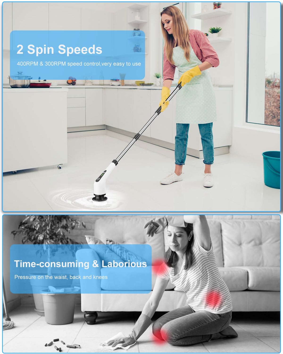 Electric Spin Scrubber, Leebein 2022 New Cordless Cleaning Brush with 8 Replaceable Drill Brush Heads, Tub and Floor Tile 360 Power Scrubber Mop with 54 Inch Adjustable Handle for Bathroom Kitchen Car