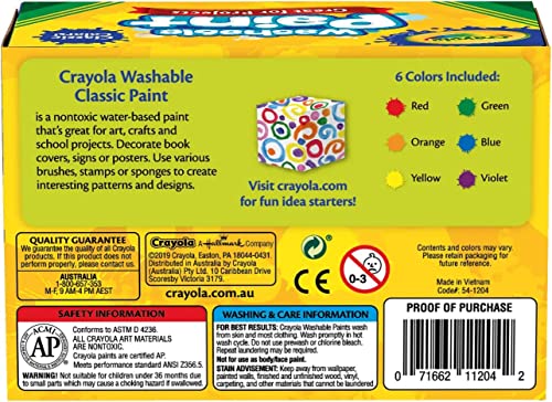 Crayola Washable Kids Paint, 6 Count, Kids At Home Activities, Painting Supplies, Gift, Assorted
