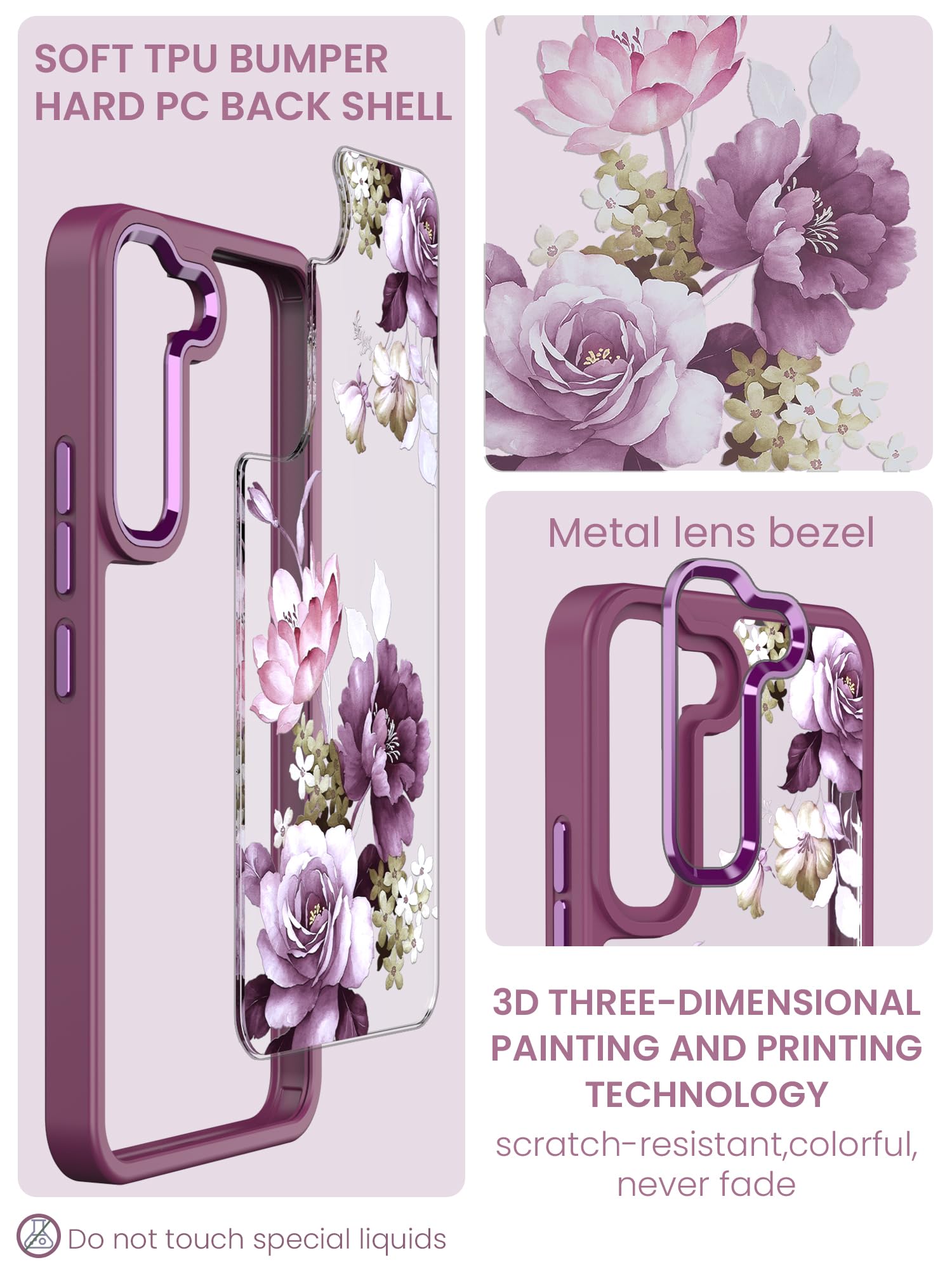 Dretal for Samsung Galaxy S22 5G Case Floral, Military Grade Drop Tested Hard Back & Soft Edge Slim Flower Women Girls Phone Protective Cover + Tempered Glass Screen Protector for Galaxy S22 (Purple)