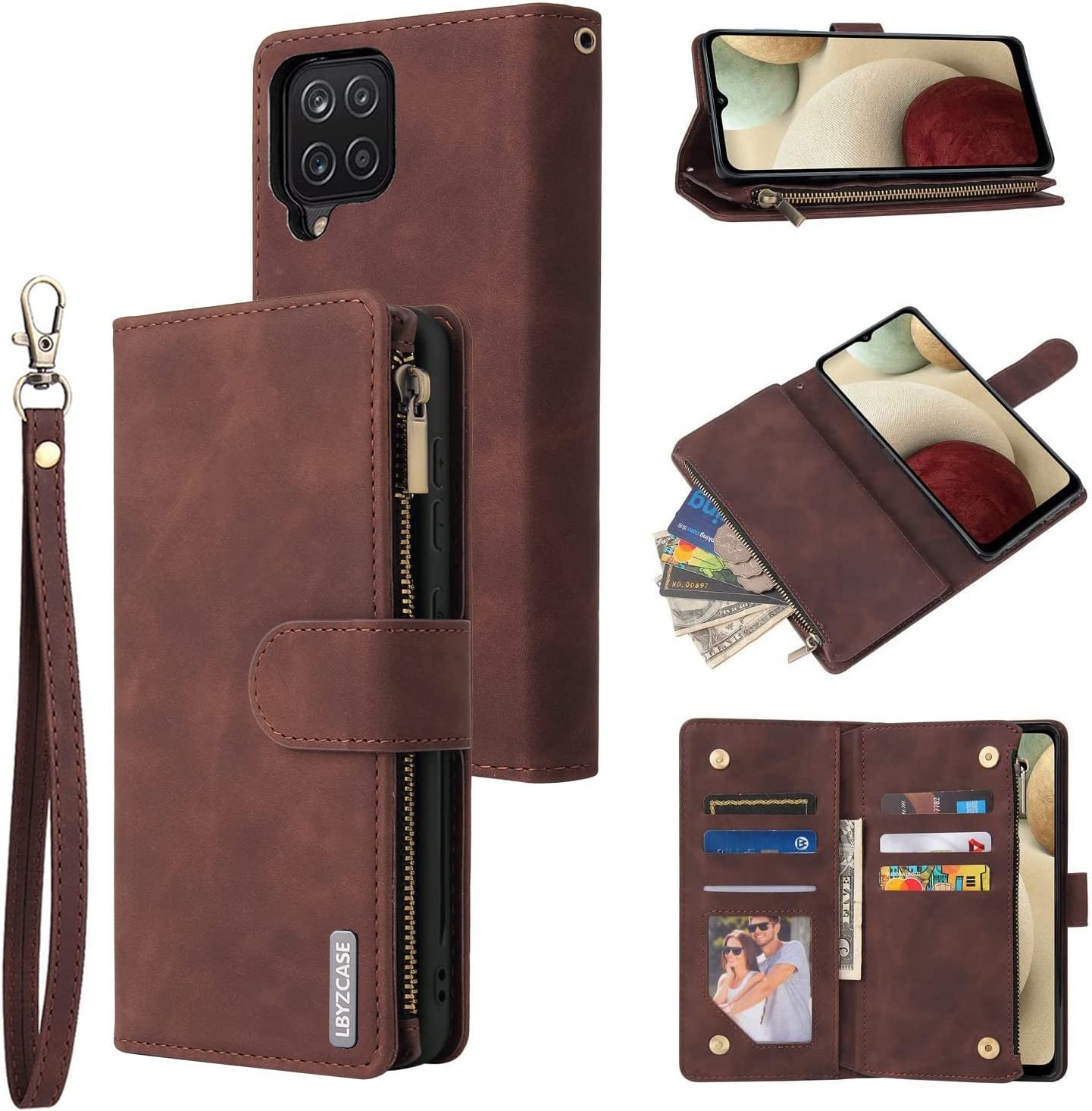 LBYZCASE Phone Case for Galaxy A12,Samsung A12 Wallet Case,Luxury Folio Flip Leather Cover[Zipper Pocket][Wrist Strap][Kickstand] for Samsung Galaxy A12 (Coffee)