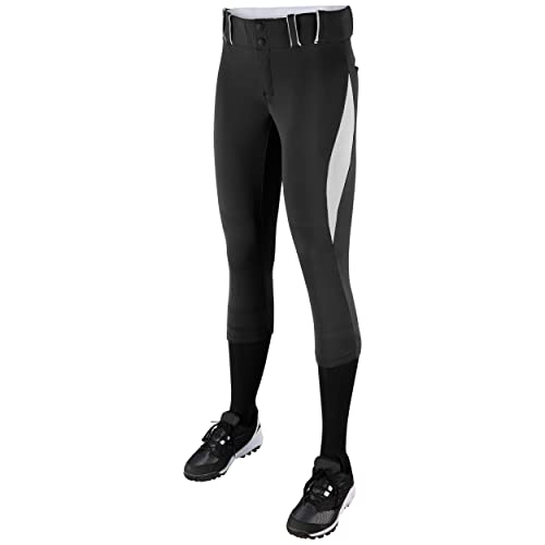 CHAMPRO Surge Traditional Low-Rise Fastpitch Softball Pant with Contrast-Color Braid Piping, Black,White, Large