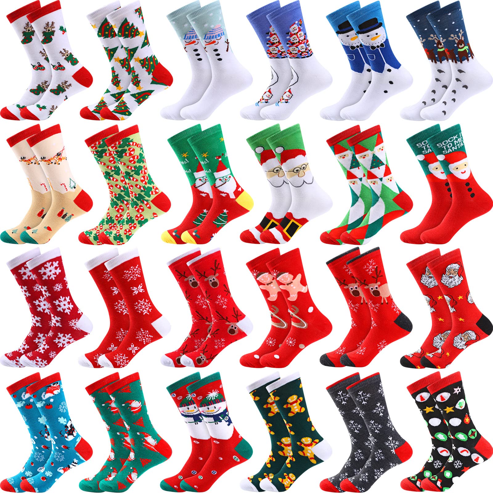 Handepo 24 Pcs Christmas Crew Socks Women Novelty Casual Dress Socks Animal Food Christmas Theme Patterned Funny Colorful Women's Xmas Gifts for Girls Teens