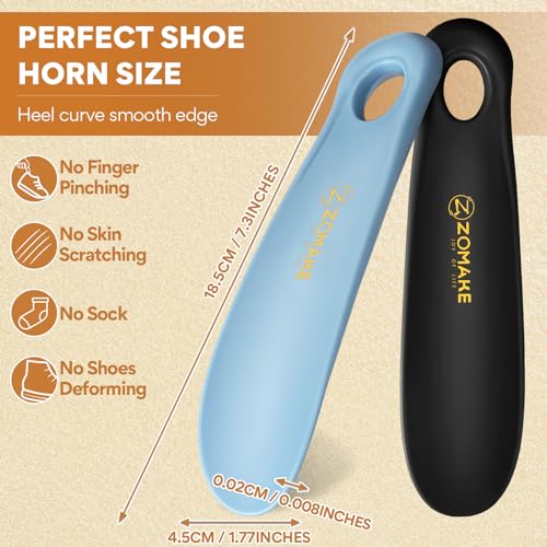 ZOMAKE Plastic Shoe Horn with Hook, 7.3 Inch Small Travel Shoe Horns for Kids, Seniors, Men, Women, Black, Blue(Pack of 2)