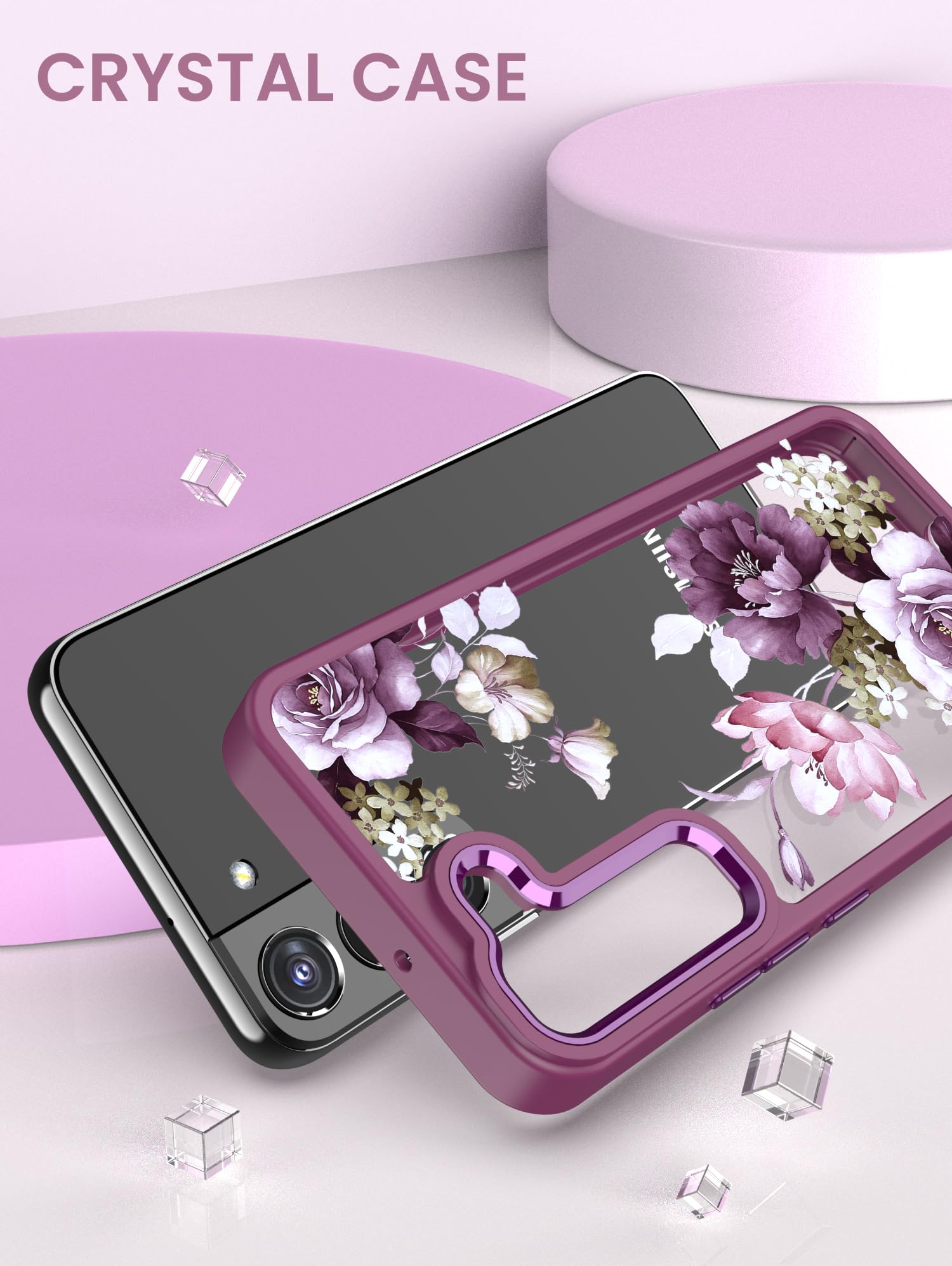 Dretal for Samsung Galaxy S22 5G Case Floral, Military Grade Drop Tested Hard Back & Soft Edge Slim Flower Women Girls Phone Protective Cover + Tempered Glass Screen Protector for Galaxy S22 (Purple)