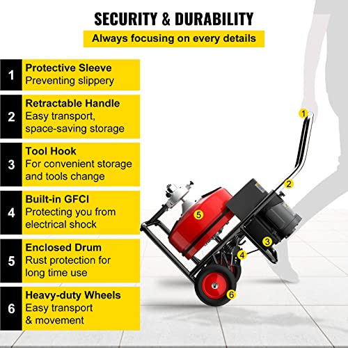 VEVOR Drain Cleaner Machine 100 Ft x 3/8 Inch Auto Feed Drain Cleaning Machine Fits 1 to 4 Inch Pipes, Portable Drain Auger Cleaner with 8 Auger Bits, Electric Drain Auger Plumbing Tool