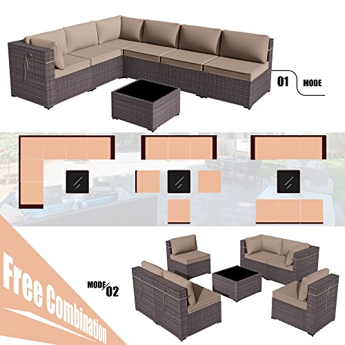 Piltwoff 7 Pieces Wicker Patio Conversation Sets,Modern Outdoor Sectional Furniture Patio Sets All-Weather for Backyard, Balcony(Brown)
