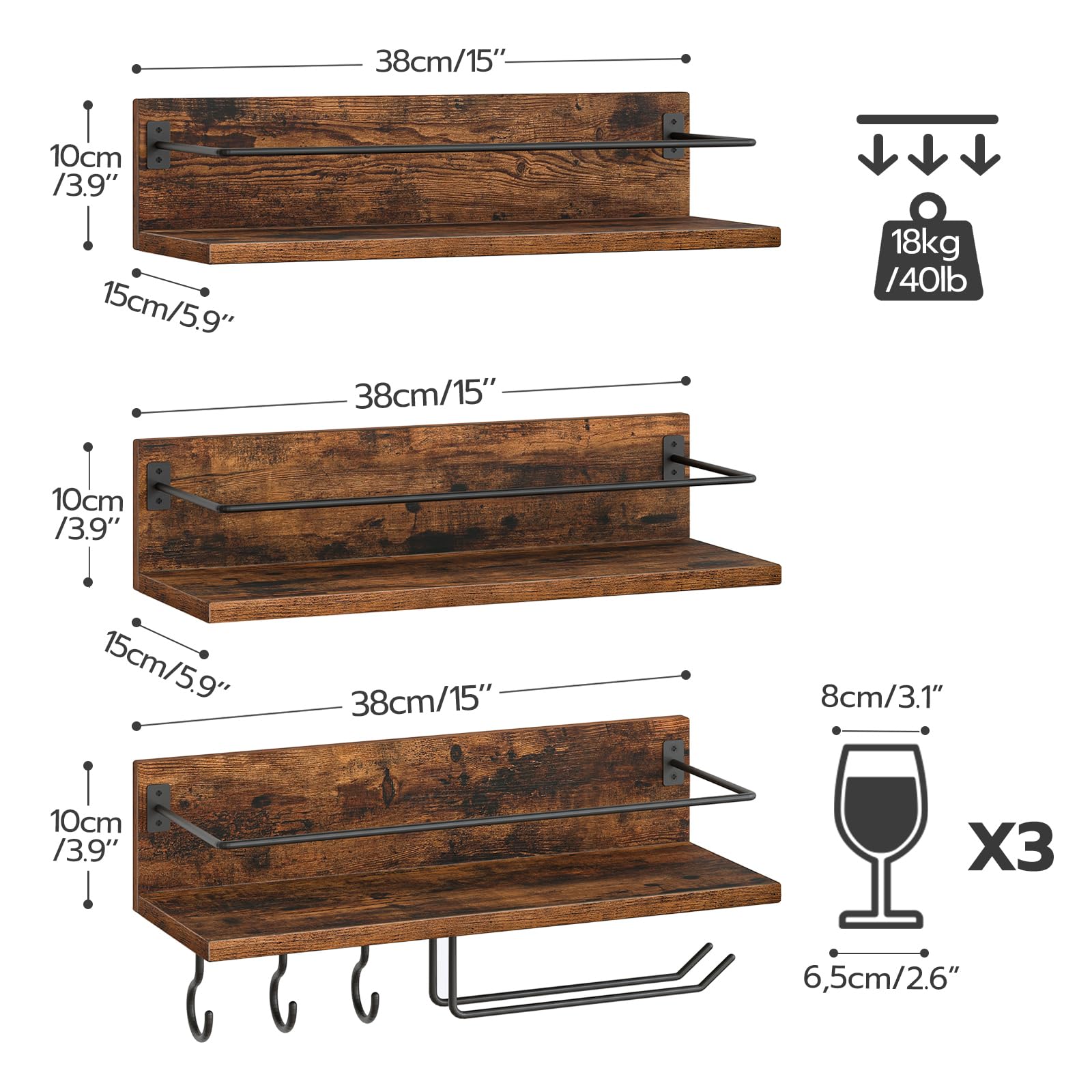 HOOBRO Wall Mounted Wine Rack 3 Pack, Wine Shelf Hanging Floating Wall Shelves, Wine Glass Bottle Rack Stemware Holder, for Living Room, Dining Room, Kitchen, Rustic Brown and Black BF33BJ01