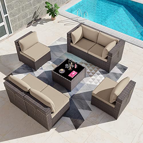 Piltwoff 7 Pieces Wicker Patio Conversation Sets,Modern Outdoor Sectional Furniture Patio Sets All-Weather for Backyard, Balcony(Brown)