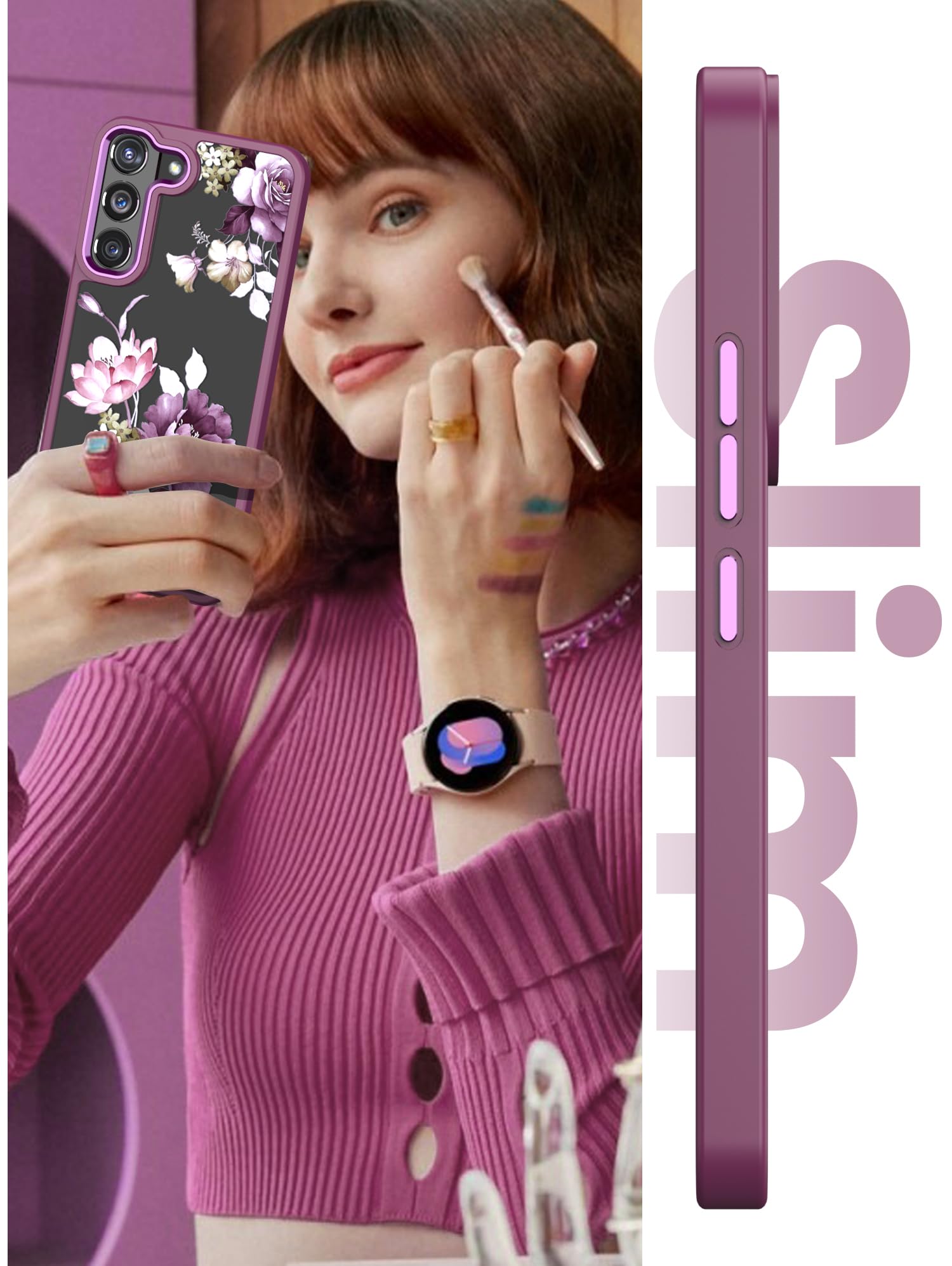 Dretal for Samsung Galaxy S22 5G Case Floral, Military Grade Drop Tested Hard Back & Soft Edge Slim Flower Women Girls Phone Protective Cover + Tempered Glass Screen Protector for Galaxy S22 (Purple)