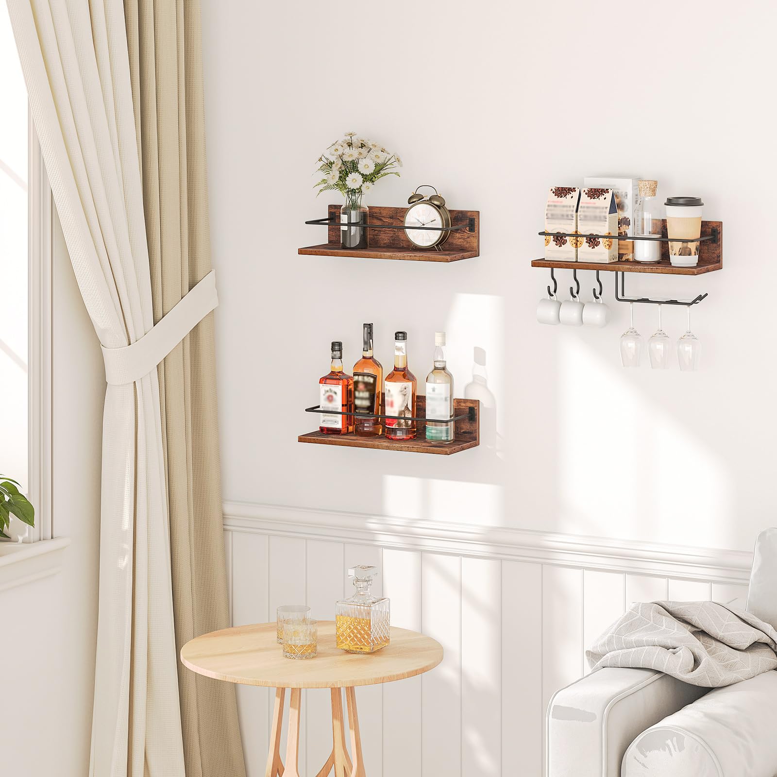 HOOBRO Wall Mounted Wine Rack 3 Pack, Wine Shelf Hanging Floating Wall Shelves, Wine Glass Bottle Rack Stemware Holder, for Living Room, Dining Room, Kitchen, Rustic Brown and Black BF33BJ01