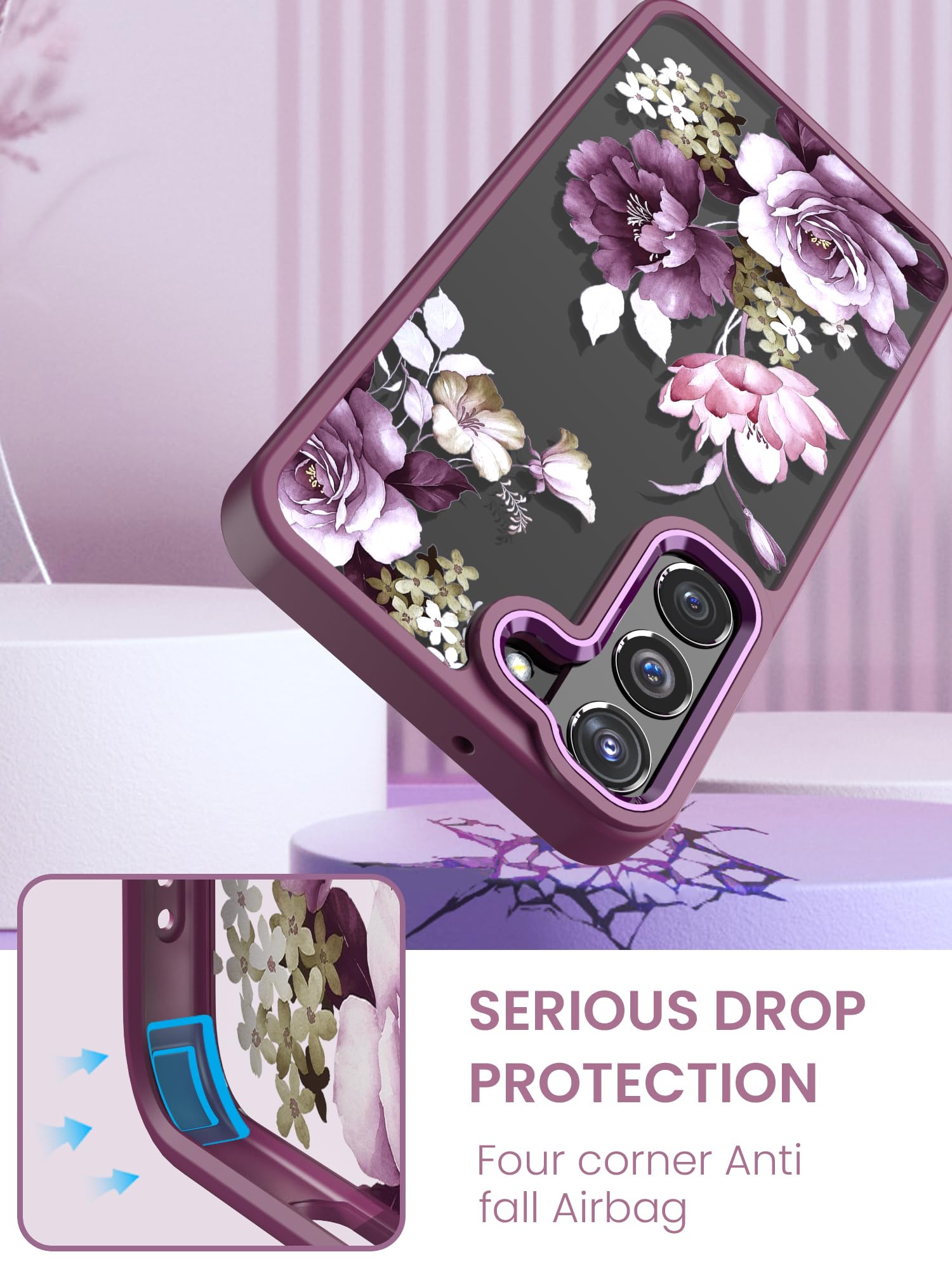 Dretal for Samsung Galaxy S22 5G Case Floral, Military Grade Drop Tested Hard Back & Soft Edge Slim Flower Women Girls Phone Protective Cover + Tempered Glass Screen Protector for Galaxy S22 (Purple)
