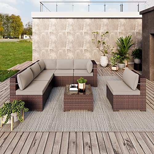 Piltwoff 7 Pieces Wicker Patio Conversation Sets,Modern Outdoor Sectional Furniture Patio Sets All-Weather for Backyard, Balcony(Brown)