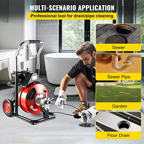 VEVOR Drain Cleaner Machine 100 Ft x 3/8 Inch Auto Feed Drain Cleaning Machine Fits 1 to 4 Inch Pipes, Portable Drain Auger Cleaner with 8 Auger Bits, Electric Drain Auger Plumbing Tool
