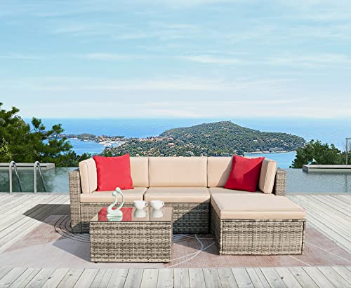 Tuoze 5 Pieces Patio Furniture Sectional Outdoor All Weather PE Rattan Wicker Lawn Conversation Cushioned Sofa Set with Glass Coffee Table (Grey)