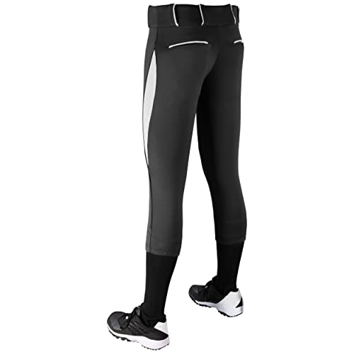 CHAMPRO Surge Traditional Low-Rise Fastpitch Softball Pant with Contrast-Color Braid Piping, Black,White, Large