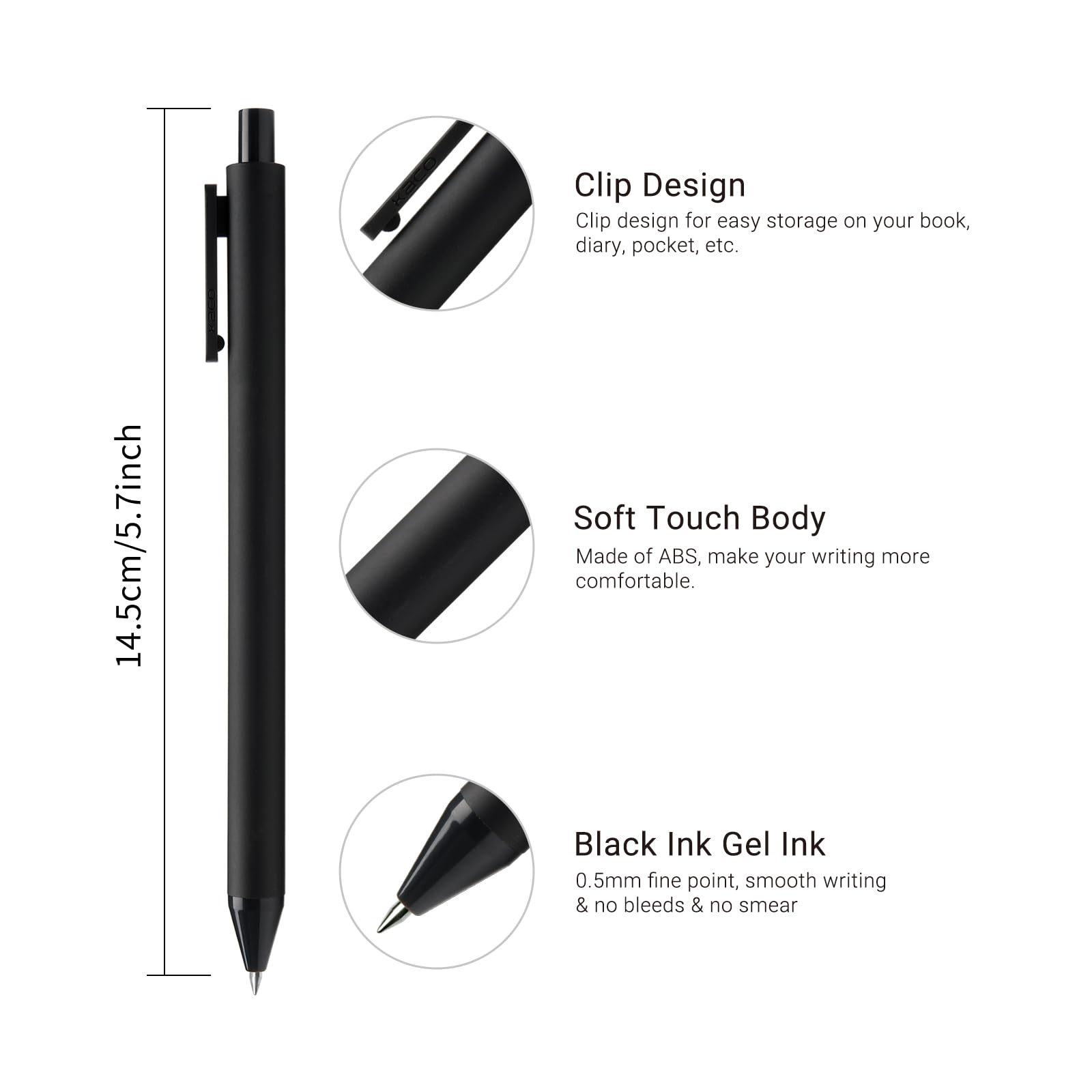KACO Retractable Gel Pens 0.5mm Extra Fine Point, Pack of 10, Black Barrel with Black Ink