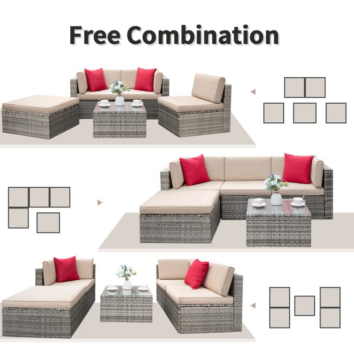 Tuoze 5 Pieces Patio Furniture Sectional Outdoor All Weather PE Rattan Wicker Lawn Conversation Cushioned Sofa Set with Glass Coffee Table (Grey)