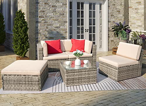 Tuoze 5 Pieces Patio Furniture Sectional Outdoor All Weather PE Rattan Wicker Lawn Conversation Cushioned Sofa Set with Glass Coffee Table (Grey)