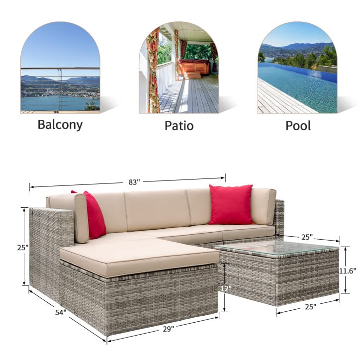 Tuoze 5 Pieces Patio Furniture Sectional Outdoor All Weather PE Rattan Wicker Lawn Conversation Cushioned Sofa Set with Glass Coffee Table (Grey)