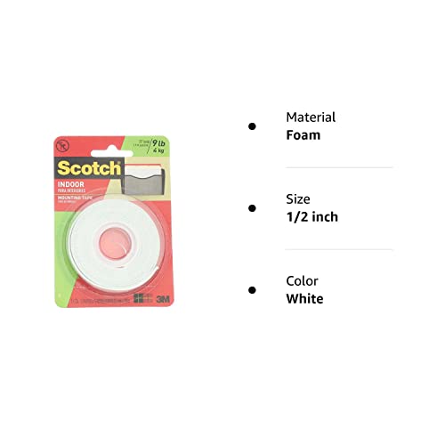 Scotch Indoor Mounting Tape, White, 0.5 in x 75 in (Pack of 4)