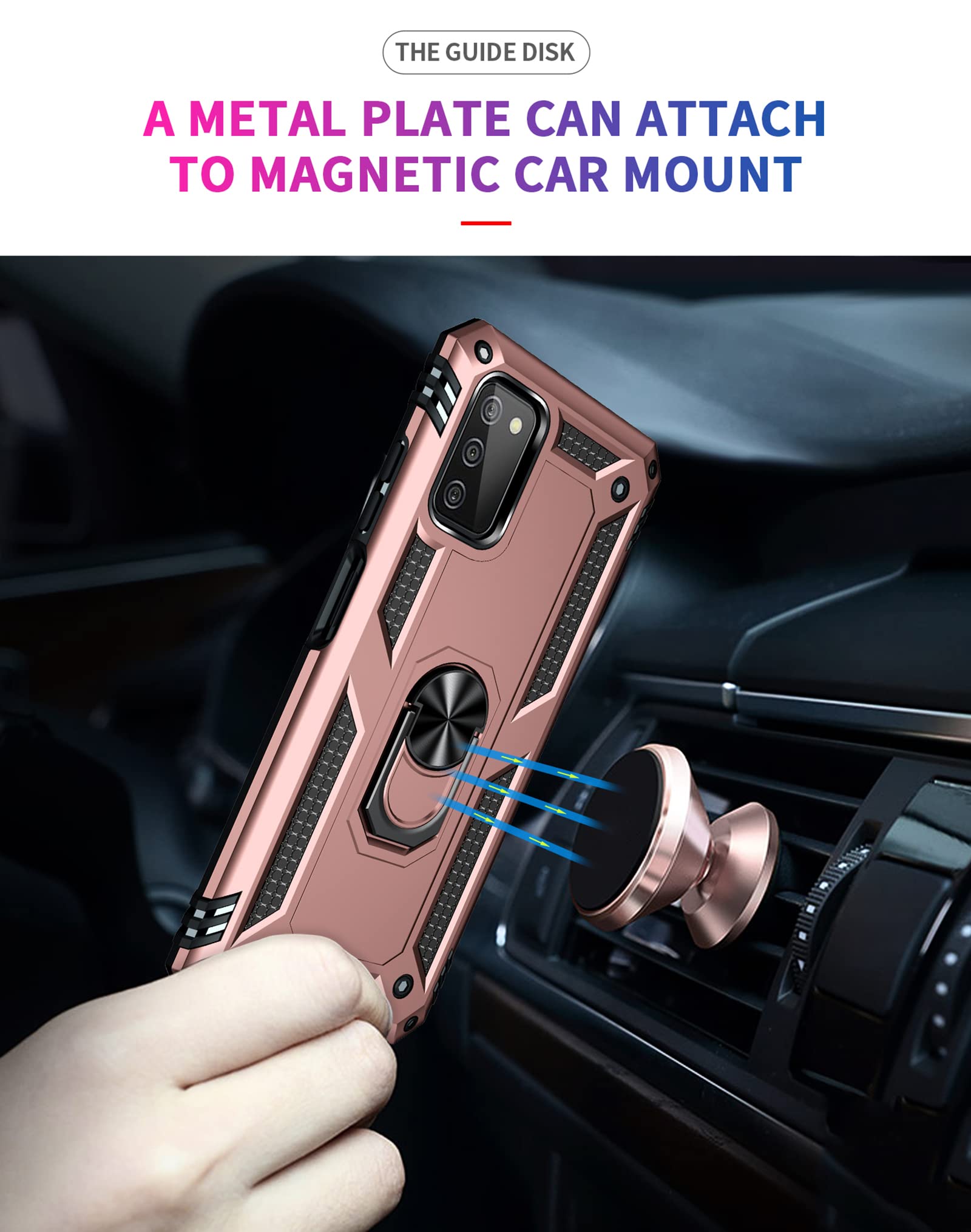 PUSHIMEI Galaxy A03S Case, Military Grade 16ft Drop Tested, Ring Holder Kickstand, with Screen Protector - Rose Gold
