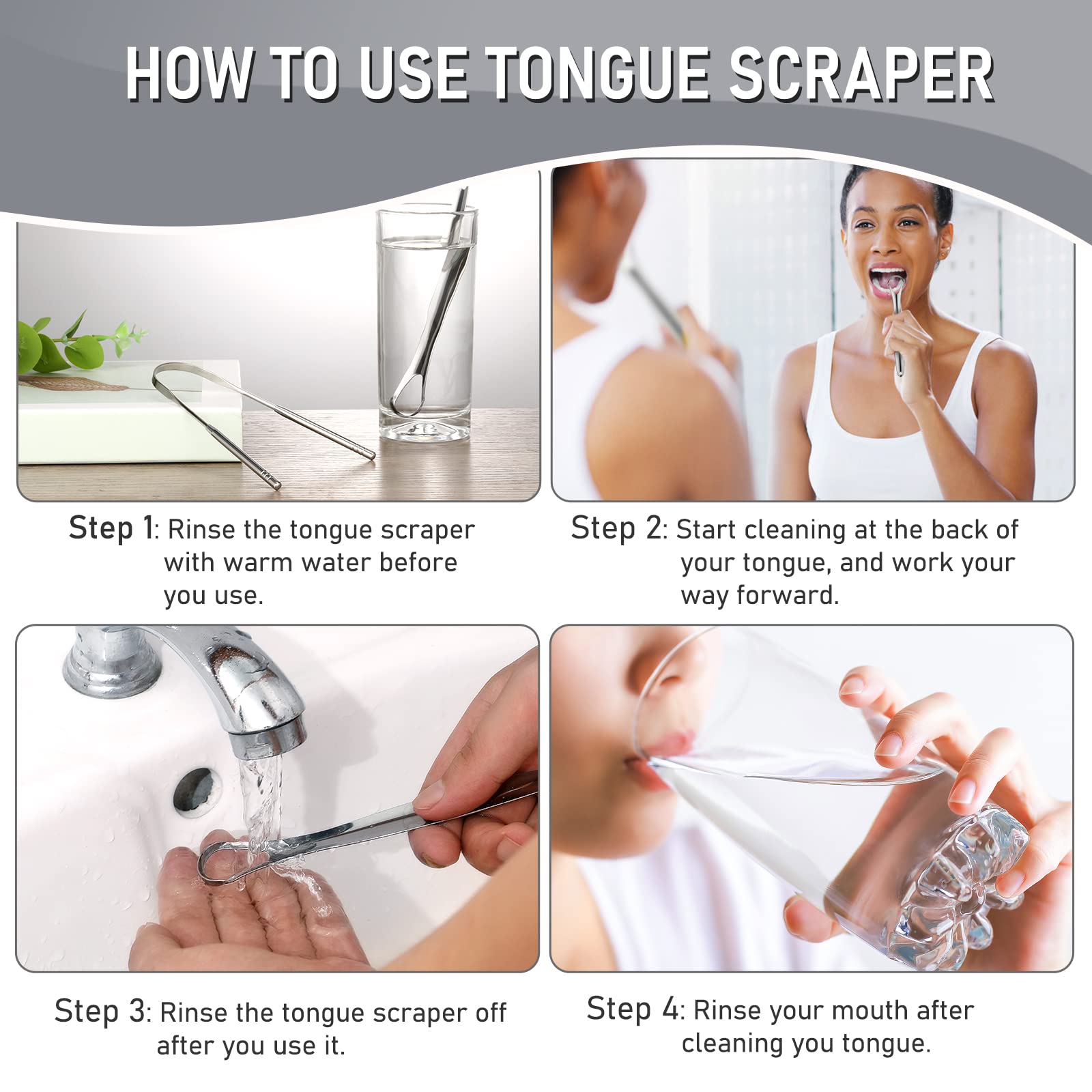 HLFLYG 4 Pack Tongue Scraper, Hygienic Seal-Pack, Professional Eliminate Bad Breath, Stainless Steel Tongue Scrapers, Effectively Improve Oral And Gut Health -silver