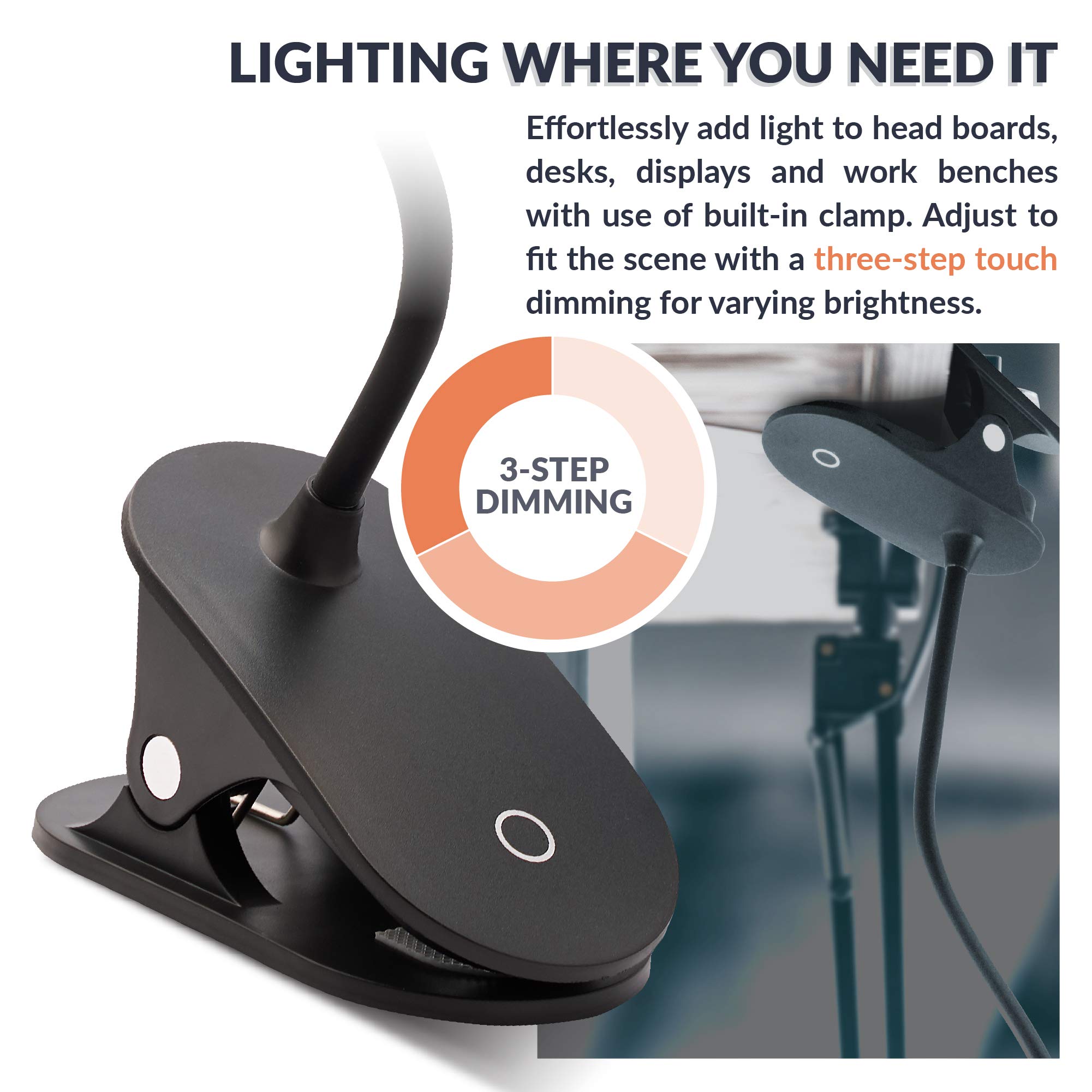 Newhouse Lighting NHCLP-USBC-BK Black Plastic Flexible and Dimmable Clip Light Clamp-Style Energy-Efficient LED Lamp with USB-C Charging Port for Office or Bedroom Use