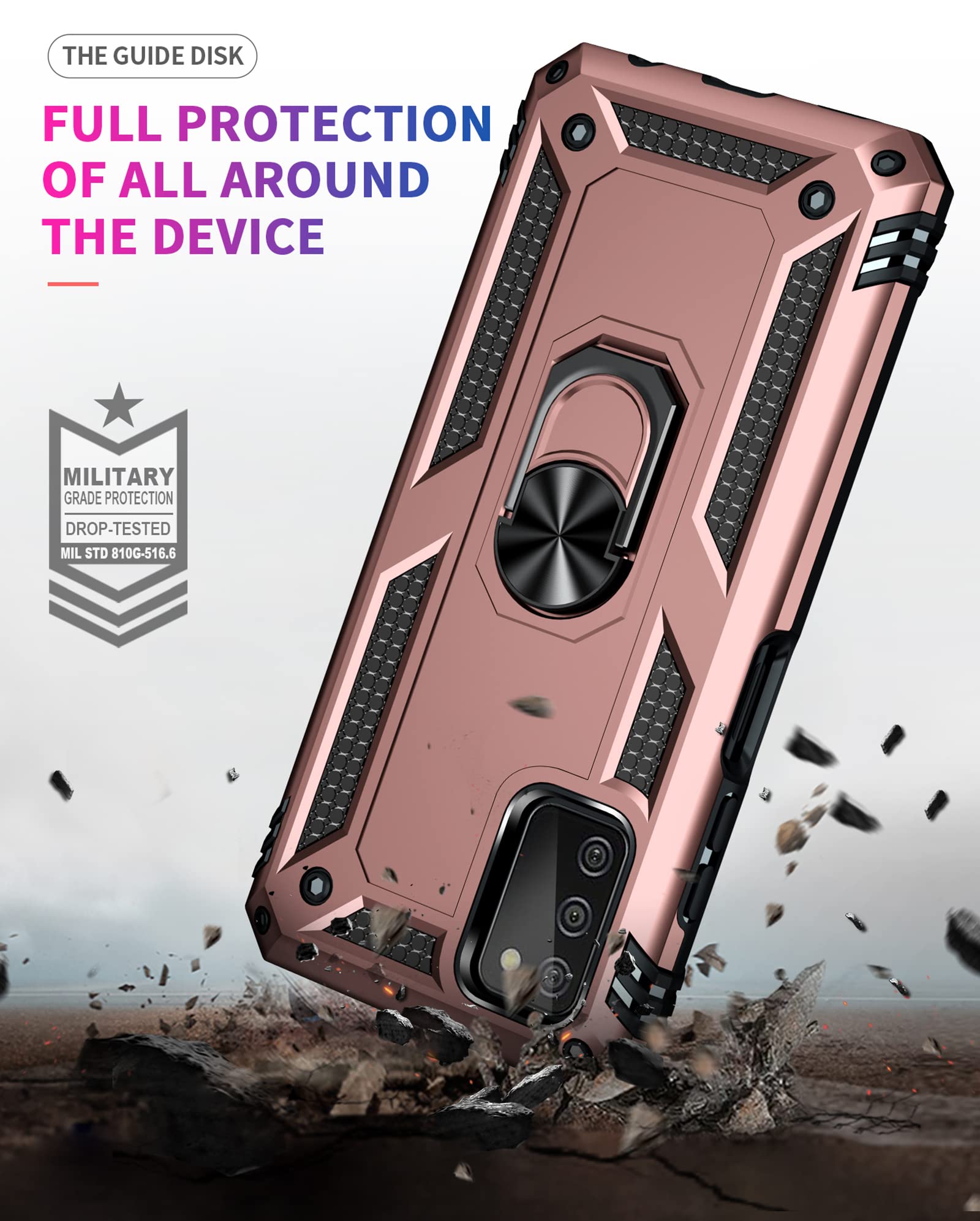 PUSHIMEI Galaxy A03S Case, Military Grade 16ft Drop Tested, Ring Holder Kickstand, with Screen Protector - Rose Gold