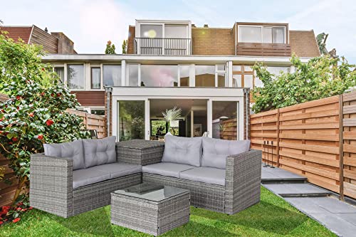 GODAFA 4-Piece Outdoor Patio Furniture Set-All-Weather PE Rattan Sectional Sofa with Storage Box-Perfect for Backyard, Porch, and Poolside, 1, Gray