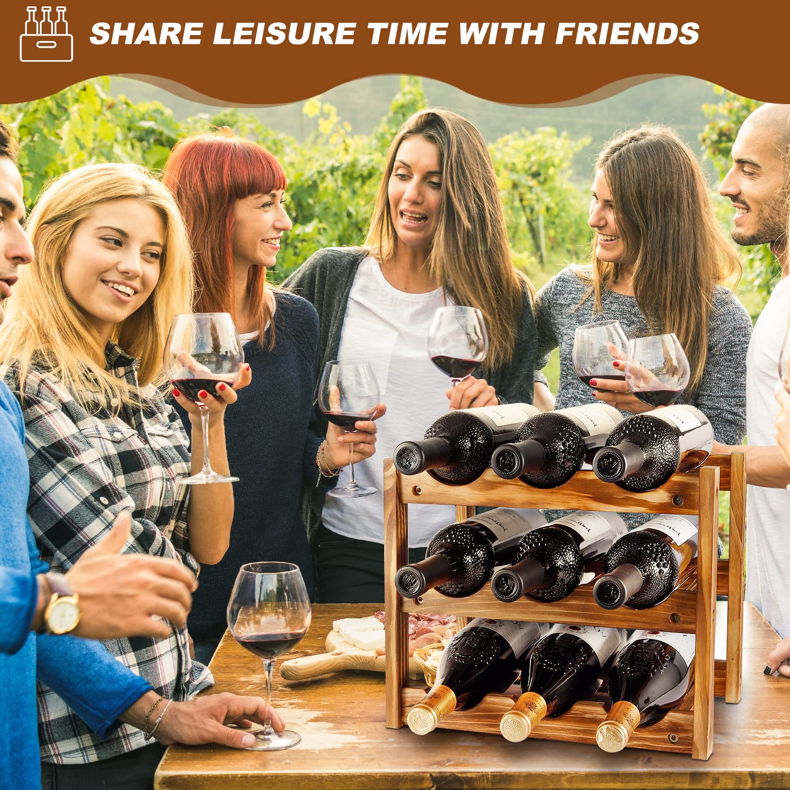 Wine Rack 9 Bottle 3-Tier Wood Wine Storage Easy-Assembly Space-Saving for Wine Lovers,Kitchen Wine Organizer for Countertop,Table Top,Pantry, Home,Room Decor,Bar,Cellar Basement (3-Tiers)